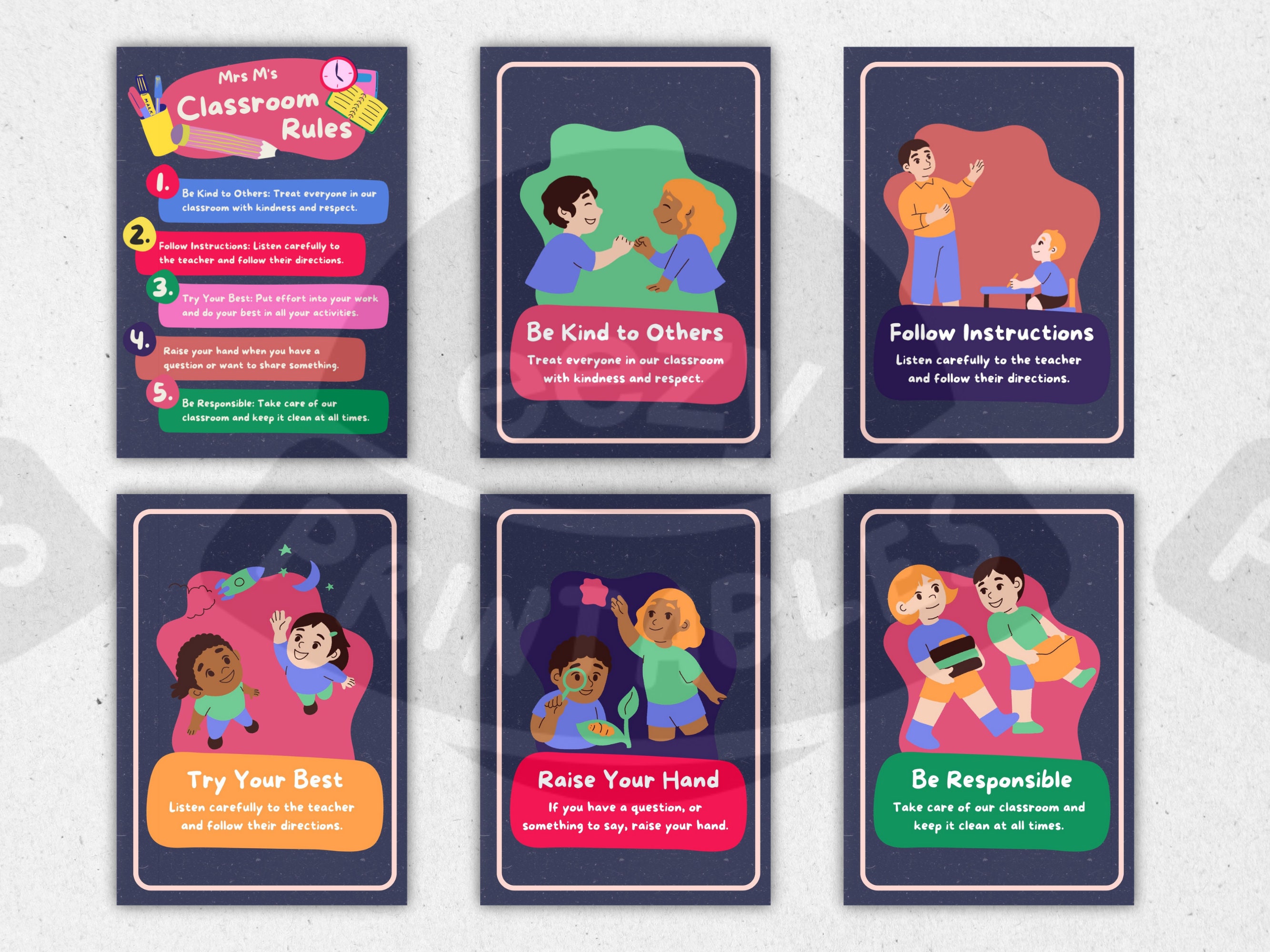 Classroom Rules Printable Set of 6, Classroom Sign, School Print ...