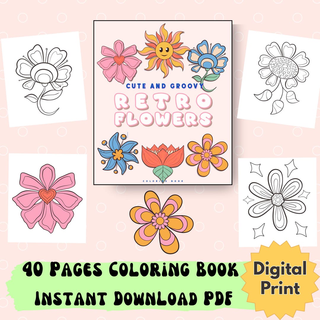 40 Retro Vibe Instant Download Coloring Book, Bold Lines Flowers Print ...