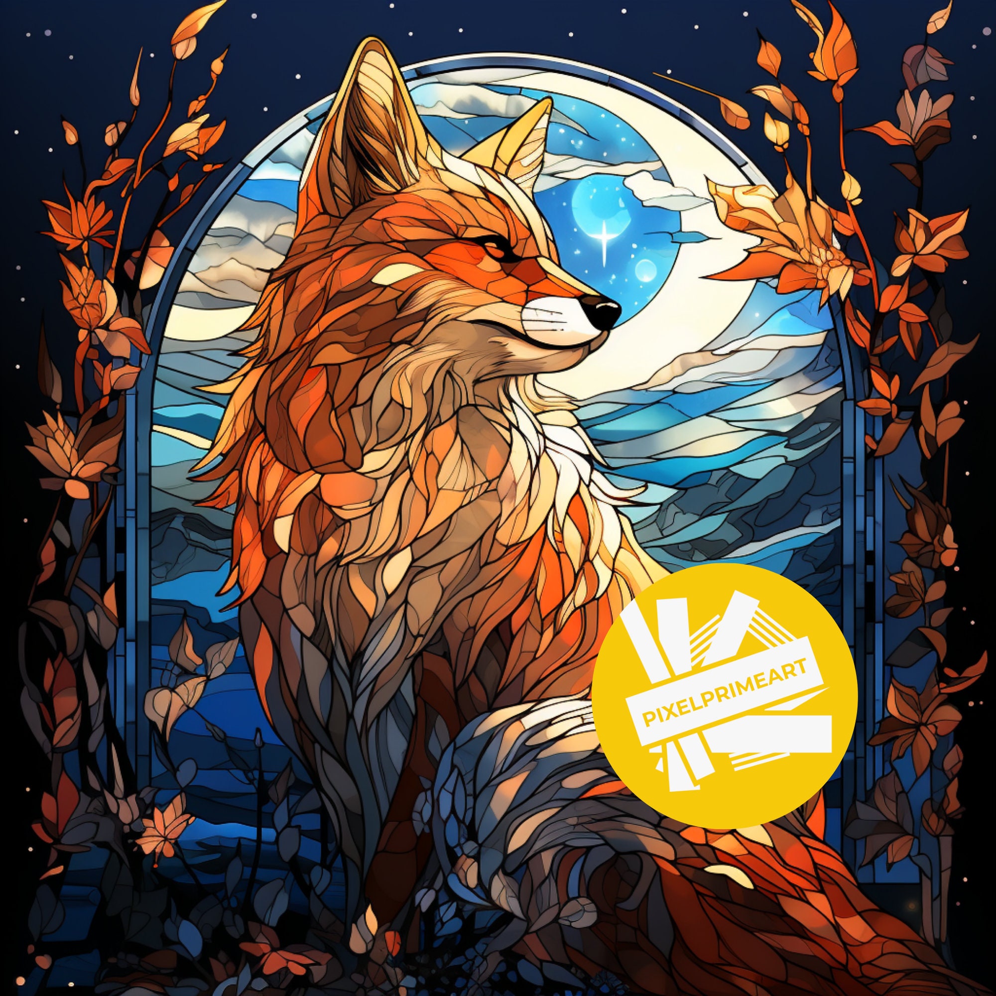Moonlight Fox Clipart, Printable Stained Glass Clipart, Fox Clipart ...