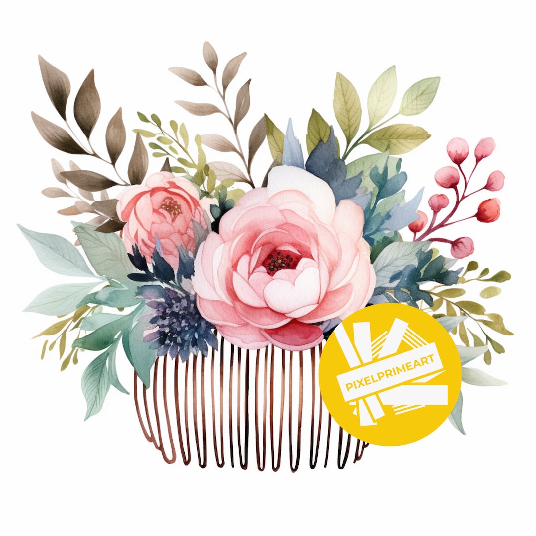 Floral Comb Watercolor Clipart, Printable Watercolor Clipart, Floral ...