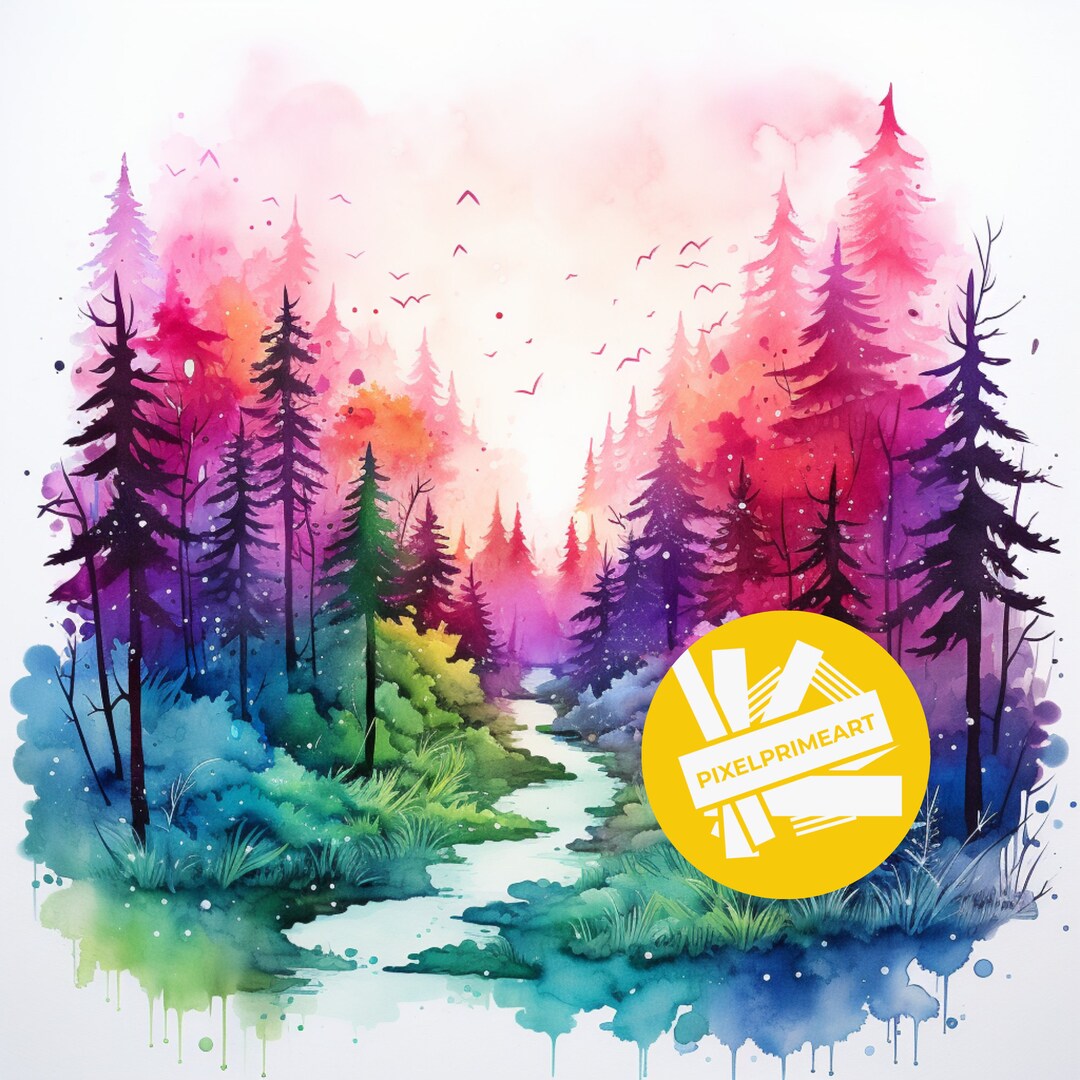 Rainbow Watercolor Forest Clipart, Printable Watercolor Clipart, Forest ...
