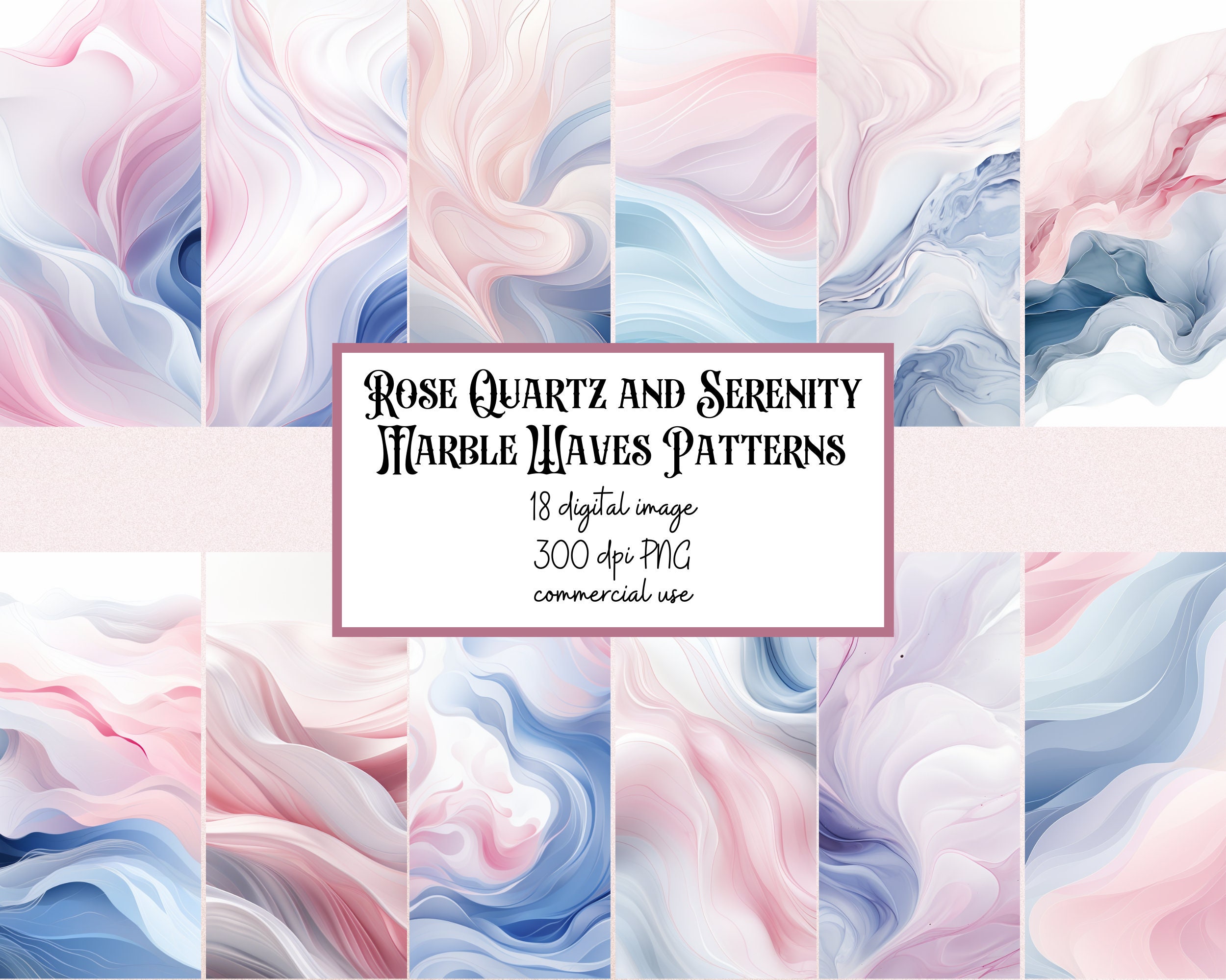 Rose Quartz & Serenity Marble Waves Digital Paper Pack, 18 Tranquil 300 ...
