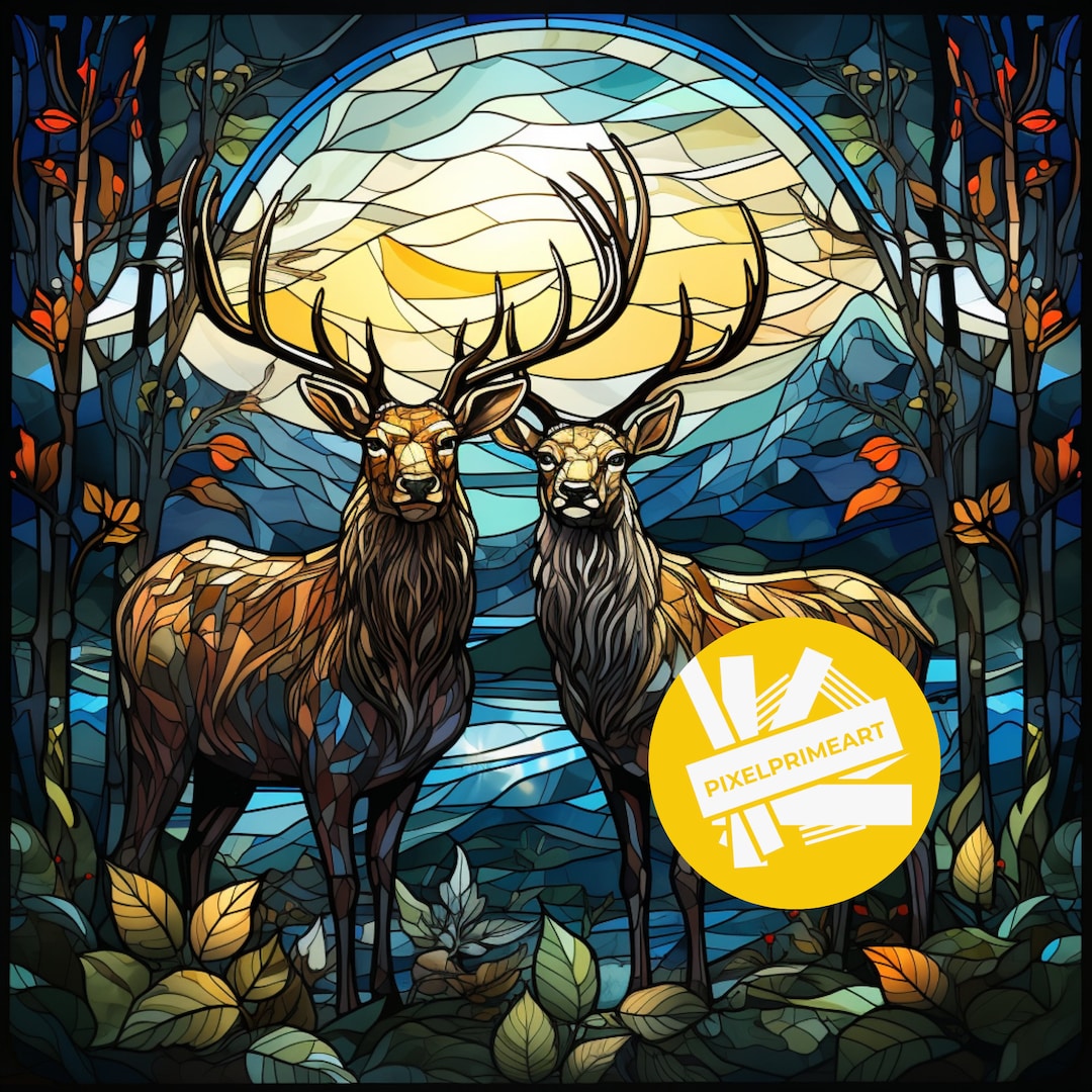 Majestic Stags Clipart, Printable Stained Glass Clipart, Stags Clipart ...