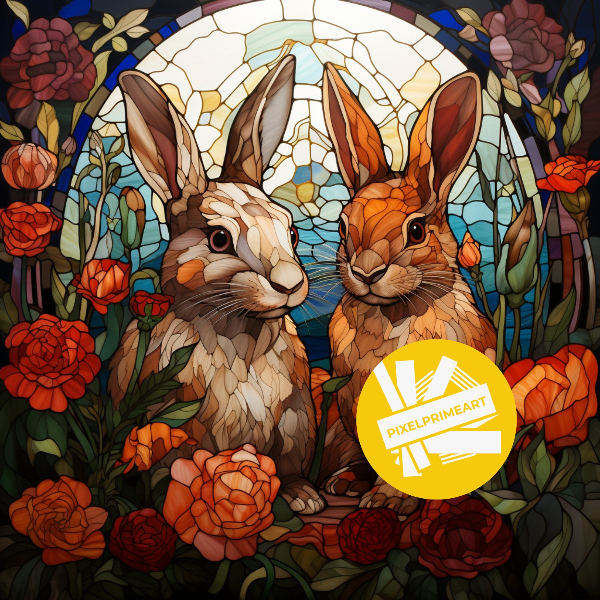 Rabbits Stained Glass Clipart, Printable Stained Glass Clipart, Rabbit ...