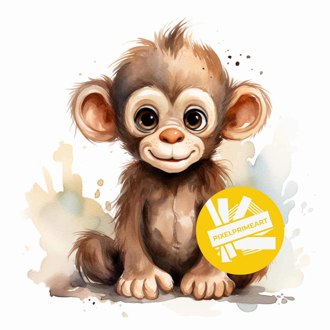 Baby Monkey Watercolor Clipart, Printable Watercolor Clipart, Monkey ...