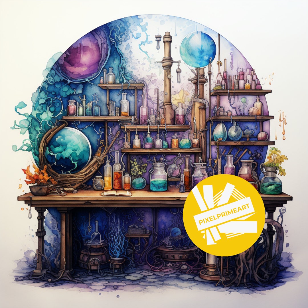 Watercolor Alchemy Lab Clipart, Printable Watercolor Clipart, Magic ...