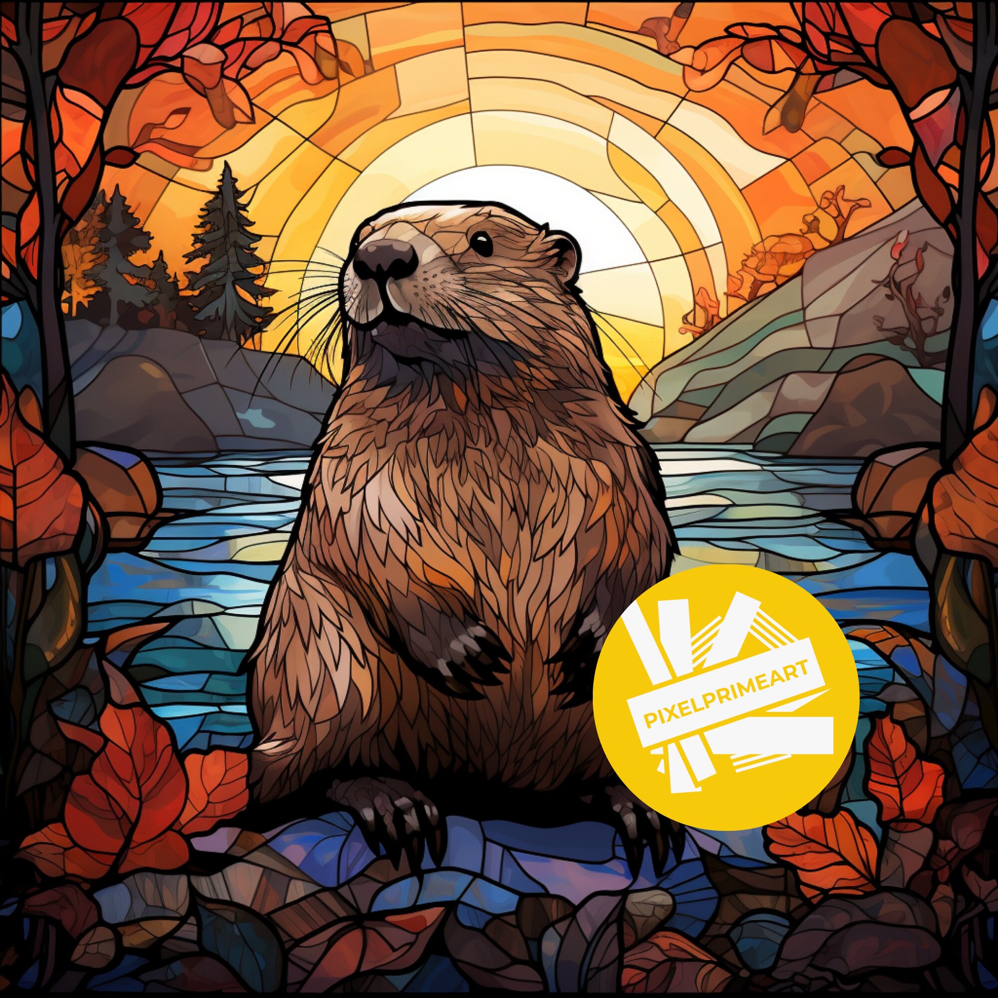 Riverbank Beaver Clipart, Printable Stained Glass Clipart, Beaver ...