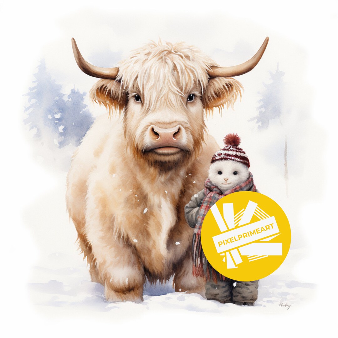 Cow and the Snowman Clipart, Printable Watercolor Clipart, Baby ...