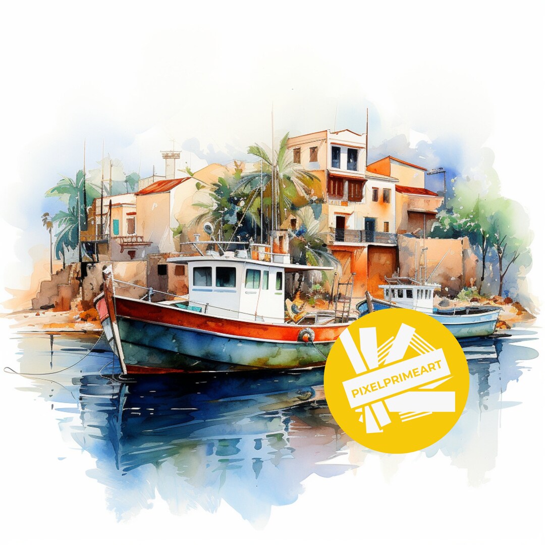 Watercolor Colorful Fishing Village Clipart, Printable Watercolor ...