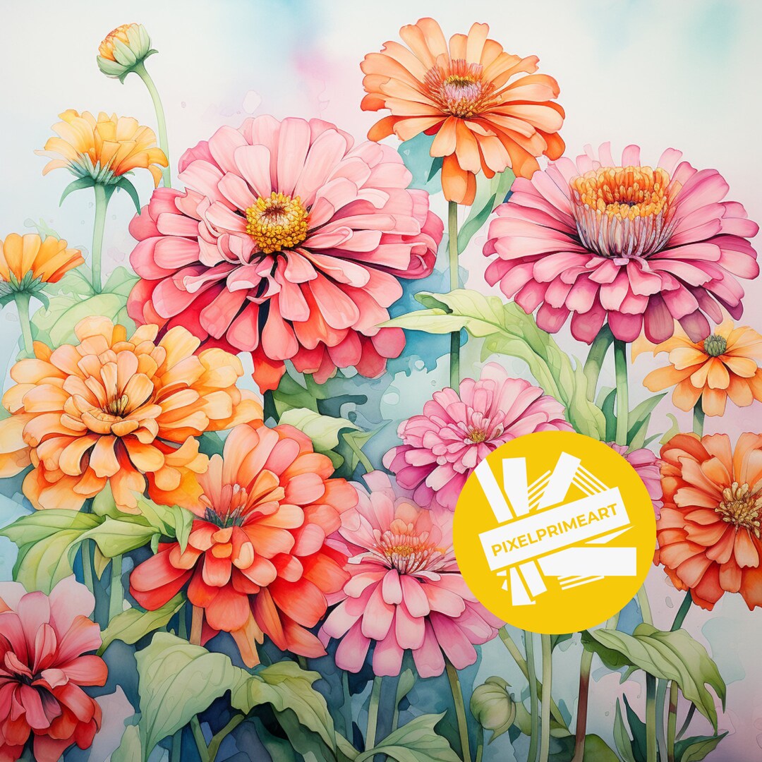 Zinnia Zest Clipart, Printable Watercolor Clipart, Flower Clipart, High ...