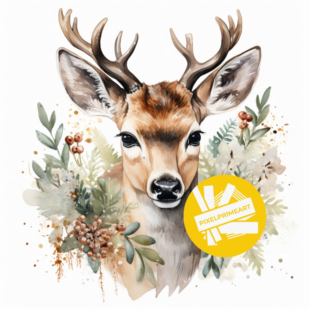 Christmas Deer Watercolor Clipart, Printable Watercolor Clipart, Deer ...