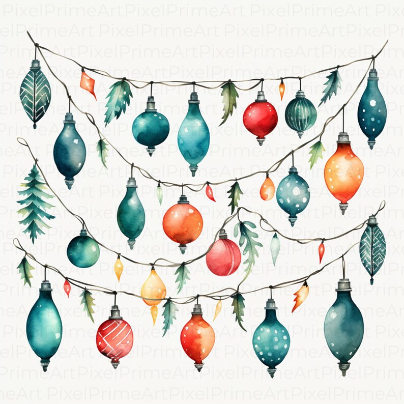 Watercolor Christmas Lights Clipart, Printable Watercolor Clipart, 8 ...