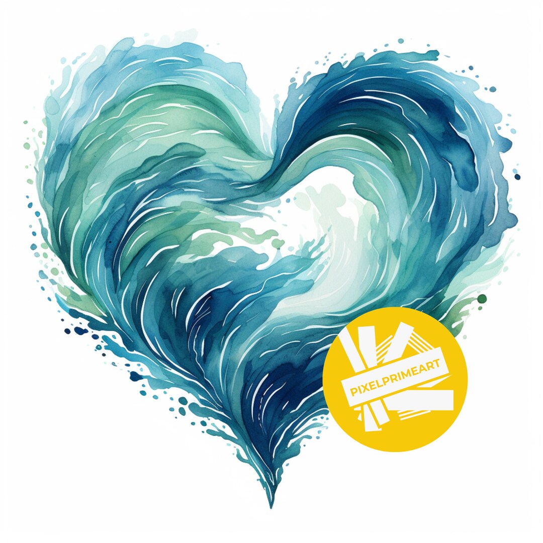 Watercolor Ocean Waves Heart Clipart, Printable Watercolor Clipart ...