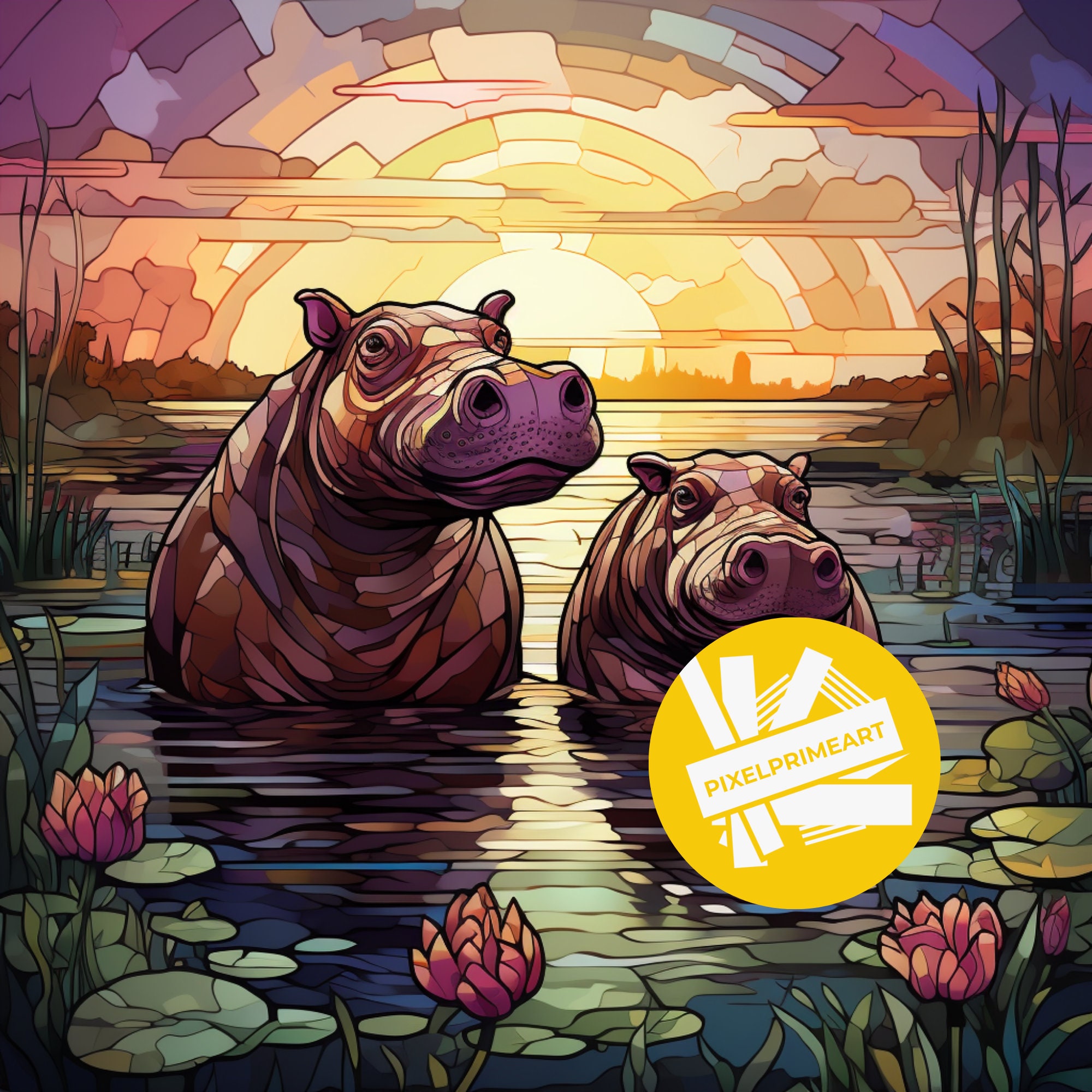 Happy Hippos Clipart, Printable Stained Glass Clipart, Hippo Clipart ...