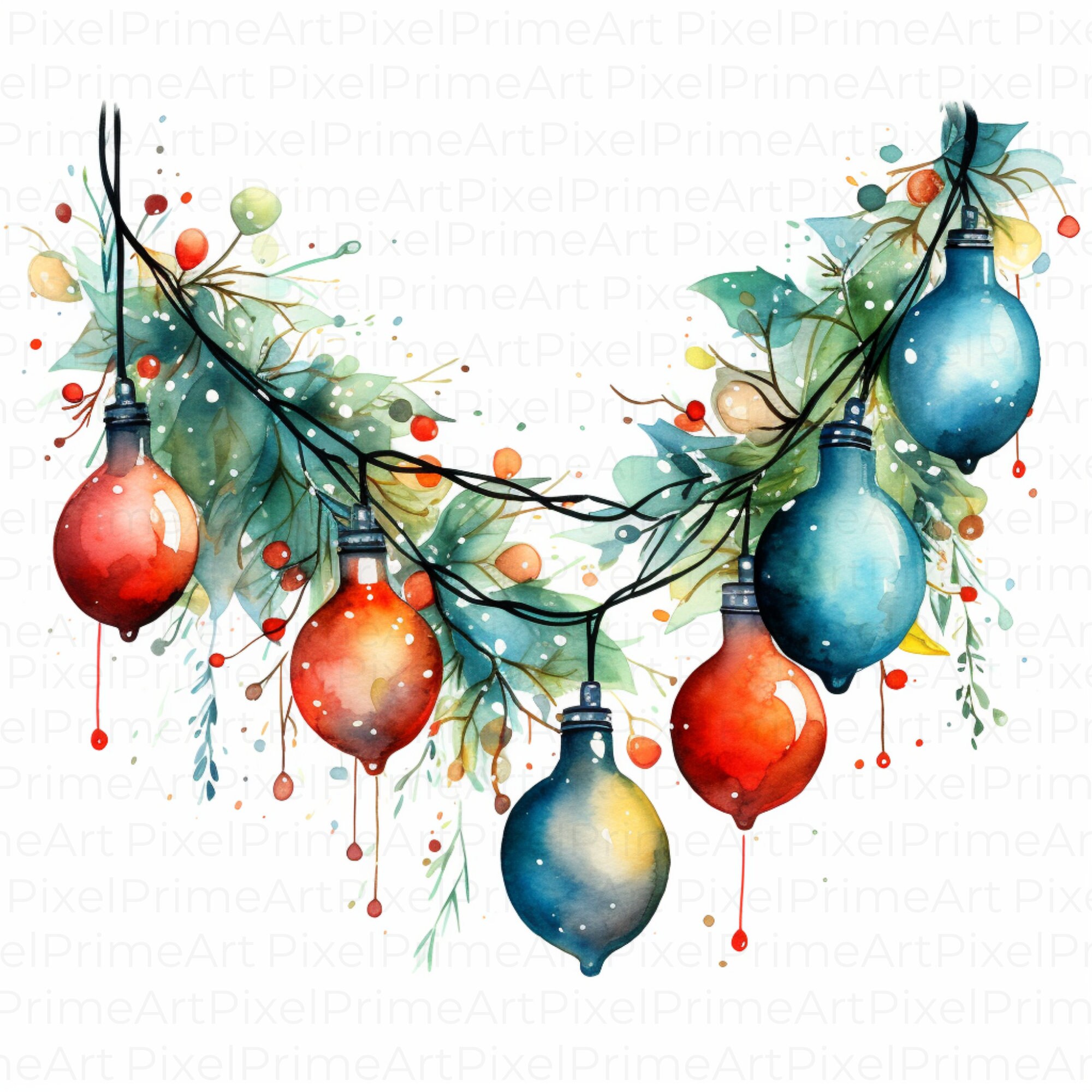 Watercolor Christmas Lights Clipart, Printable Watercolor Clipart, 8 ...