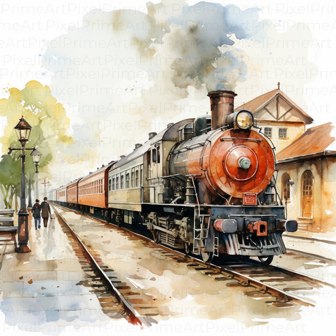6 Watercolor Train Station Clipart, Printable Watercolor Clipart, Train ...