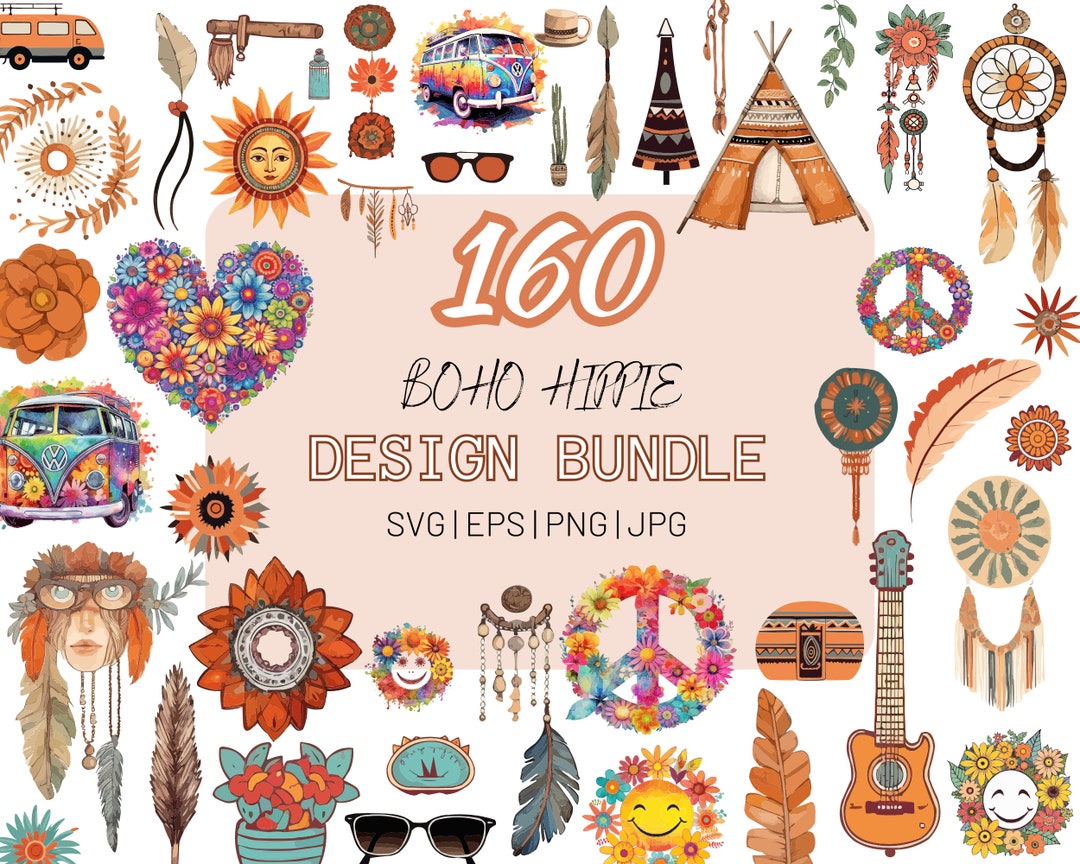 Boho Hippie Shirt SVG, Hippie SVG Bundle, Groovy Retro Clipart, Cricut Cut File, Hippie PNG ...