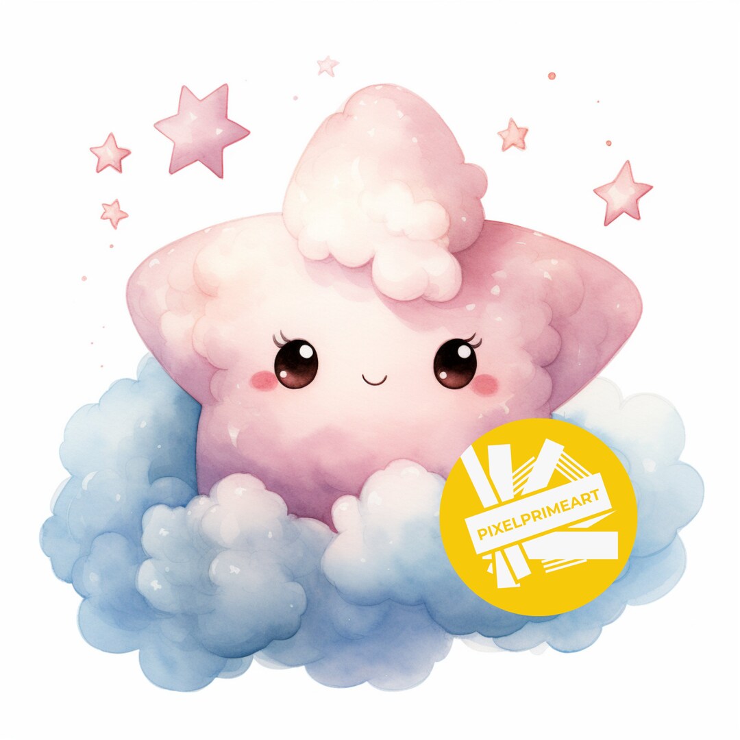 Watercolor Cloud Hugging Stars Clipart, Printable Watercolor Clipart ...