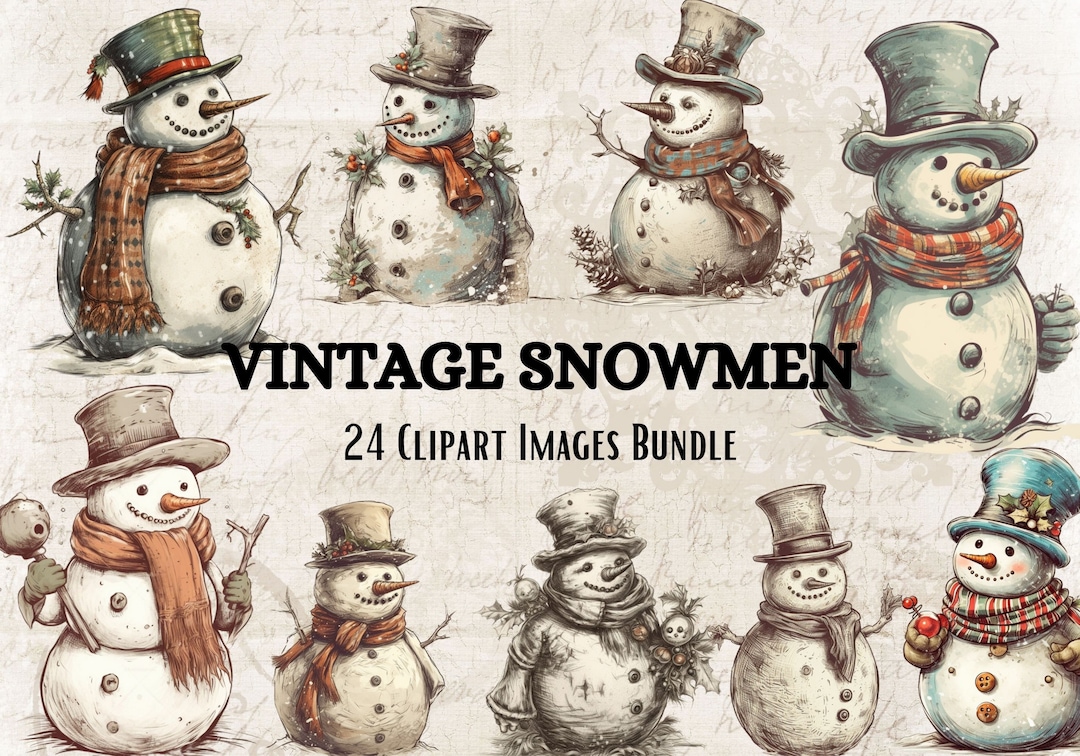 Vintage Snowmen Clipart Bundle, 24 PNG Images, 5inx5in, Christmas ...