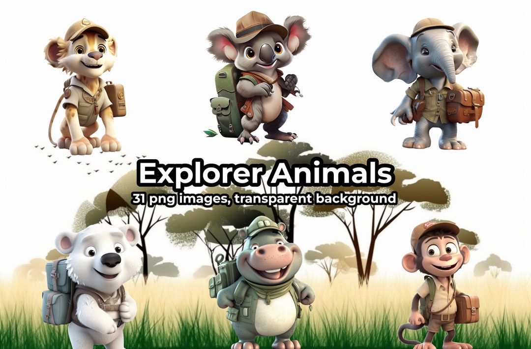 Explorer Animals Clipart Bundle, Safari Art, Ai Art, 31 PNG Images ...
