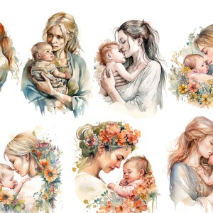 Mother and Baby Clipart Bundle, Watercolor, 7 PNG Images, Mother's Day ...