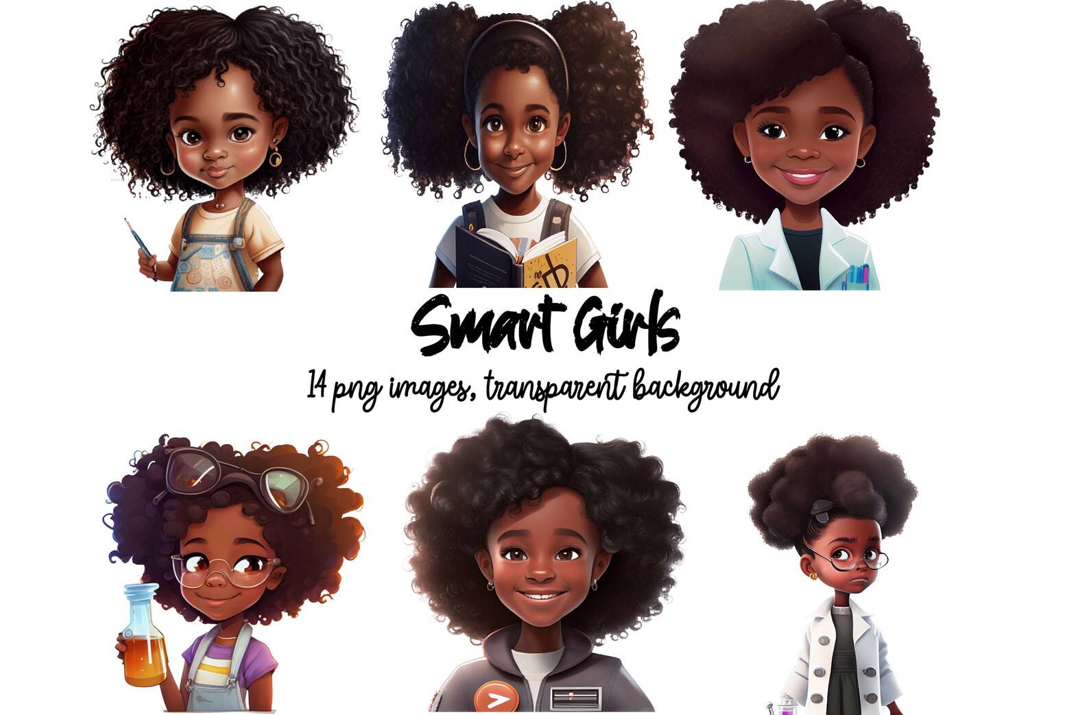 Smart Girls Clipart Bundle, Smart Black Girl Magic, Watercolor, 14 PNG ...