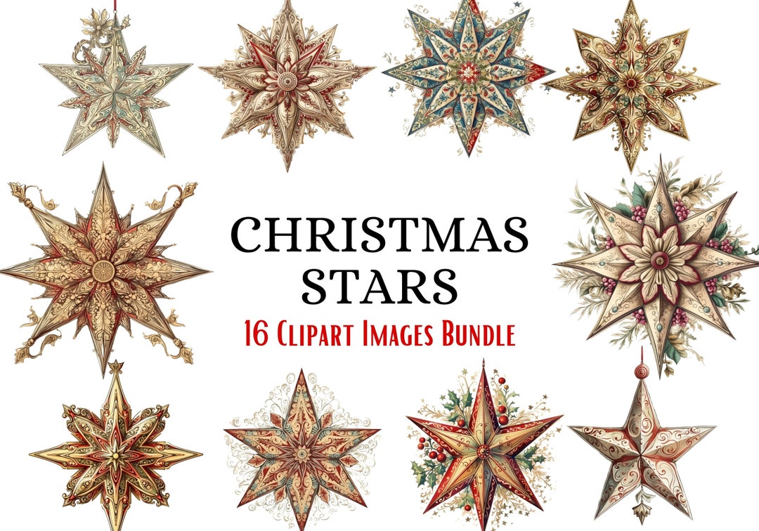 Christmas Star Ornament Clipart Bundle, 16 PNG Images, 5inx5in ...
