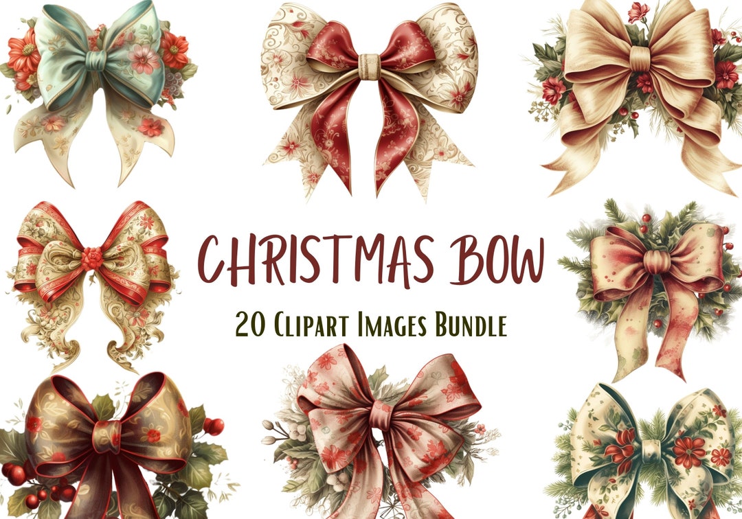 Christmas Bow Clipart Bundle, 20 PNG Images, 5inx5in, Christmas Clipart ...