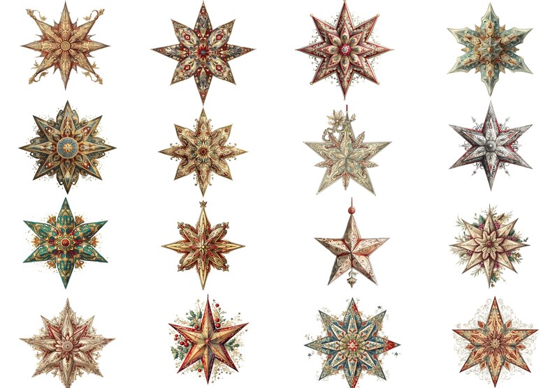 Christmas Star Ornament Clipart Bundle, 16 PNG Images, 5inx5in ...