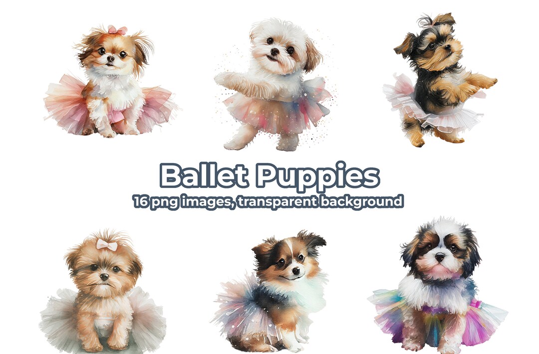 Cute Ballet Puppies Clipart Bundle, Aquarel Animal Art, Ai Art, 16 PNG ...