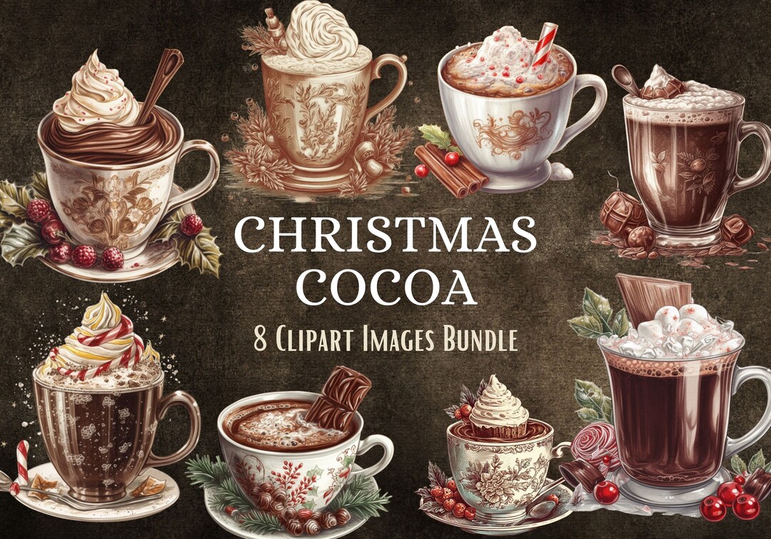 Vintage Christmas Cocoa Clipart Bundle, 8 PNG Images, 5inx5in ...
