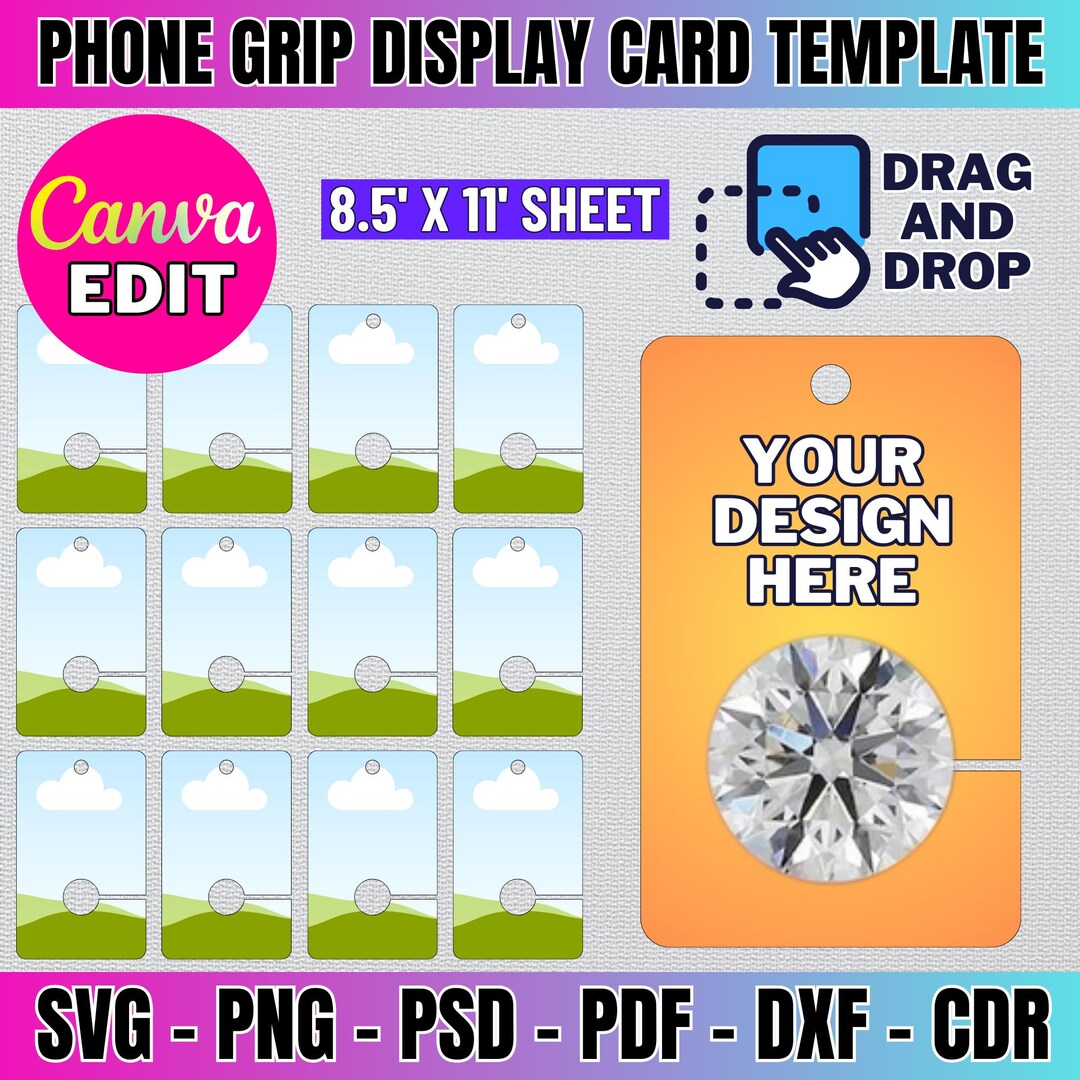 Phone Grip Display Card, Phone Grip Card Template, SVG, DXF, Canva ...
