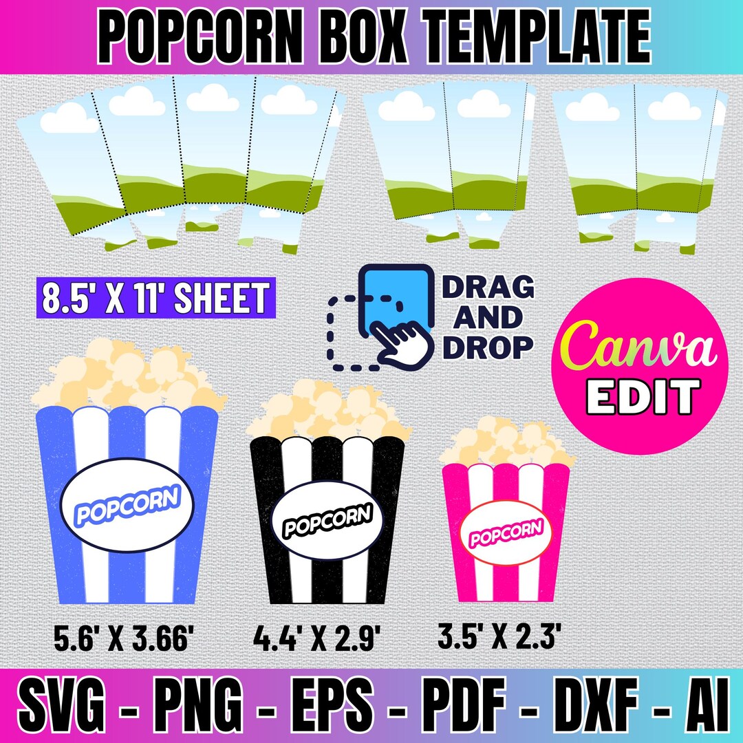 Popcorn Box Template, Popcorn Box Bundle, Popcorn Box Svg, Party Favors ...