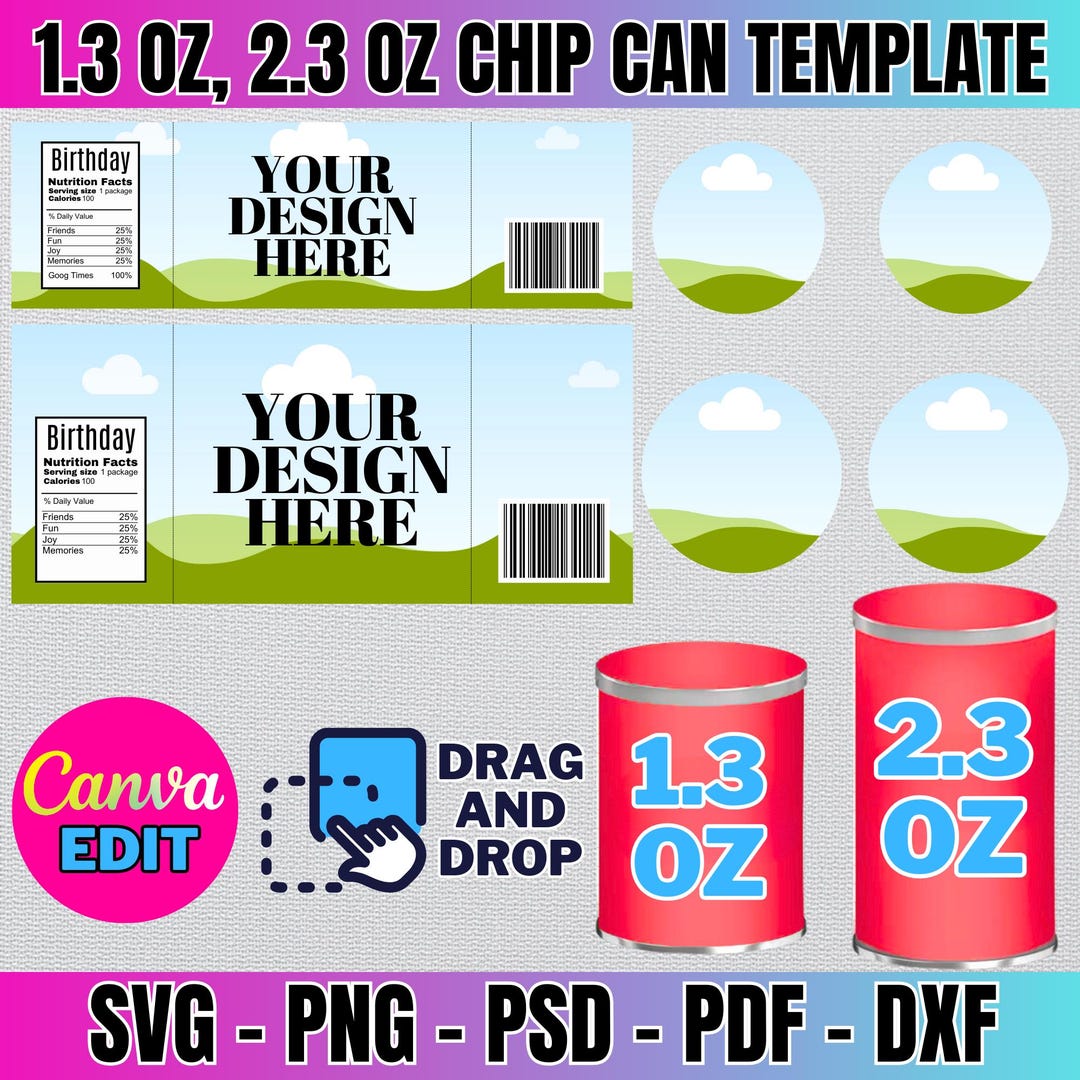 1.3oz - 2.3oz Chip Can Template Bundle, Chip Can Label Template, Potato ...