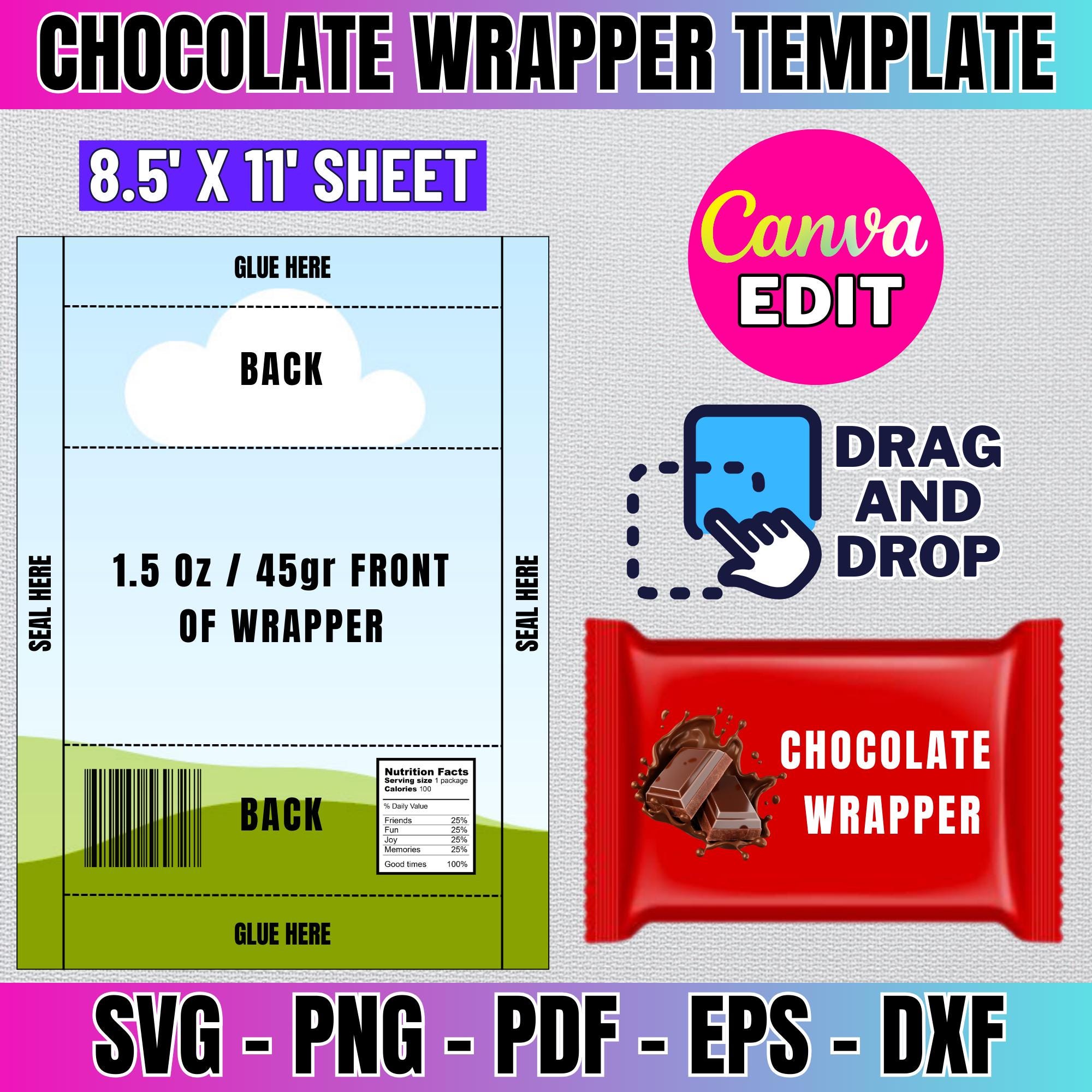 Chocolate Wrapper Template 1.5 Oz, Candy Wrapper, Canva Candy Bar ...