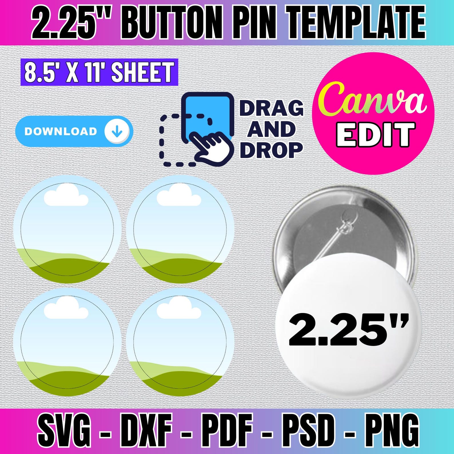 2.25" Button Pin Template: SVG, PNG, Canva Editable (digital Download ...