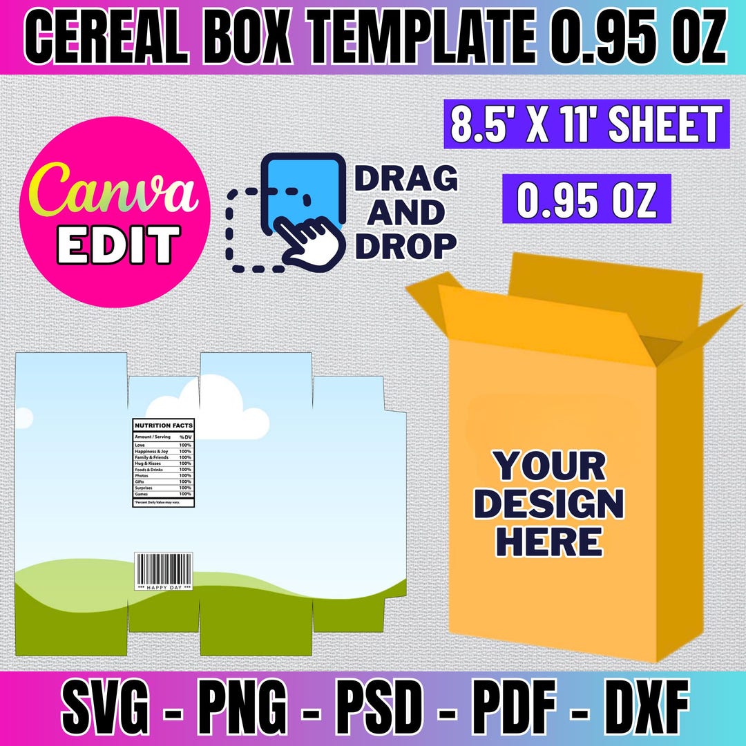 0.95 Oz Cereal Box Template, Cereal Box Svg, DIY Cereal Packaging ...