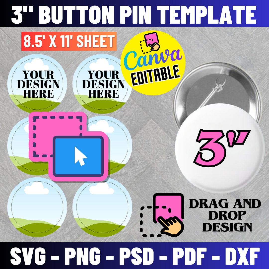 3 Button Pin Template, Button Pin Svg, Button Pin Blank, Sublimation Button Pin Template, Badge ...