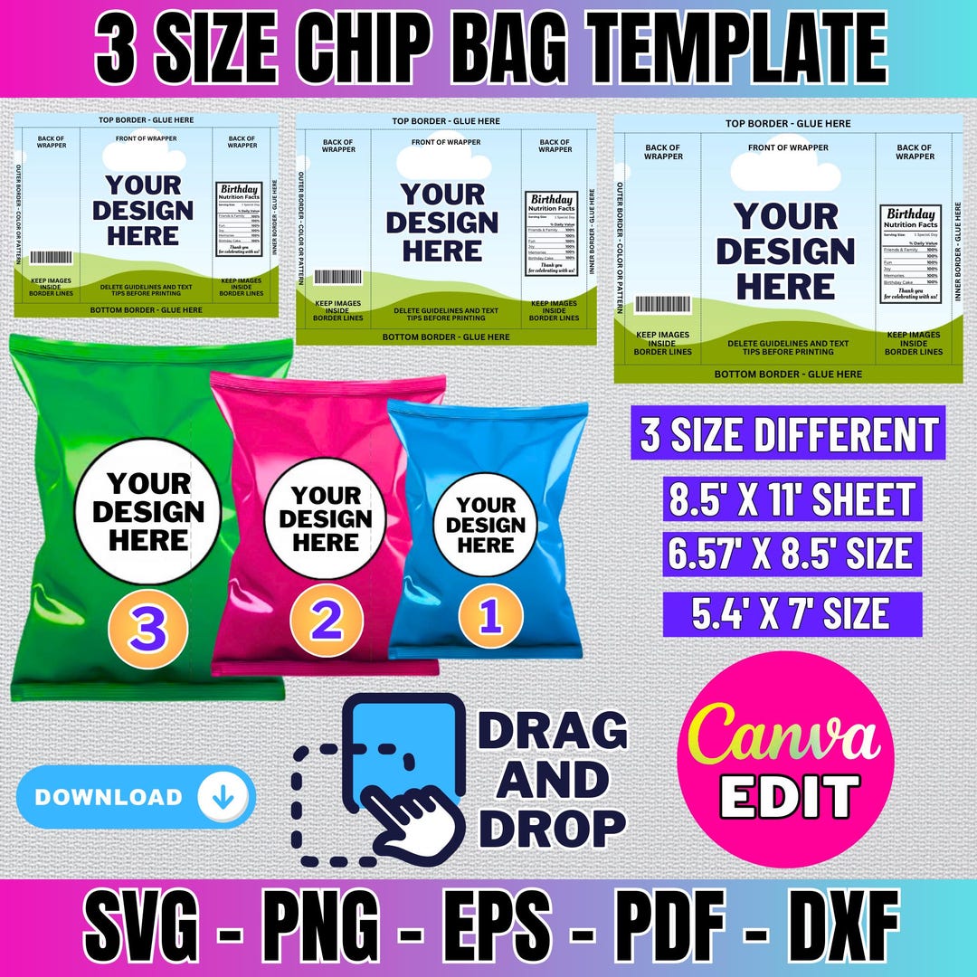 Chip Bag Template Bundle: 3 Sizes, Party Favor (digital Download) - Etsy