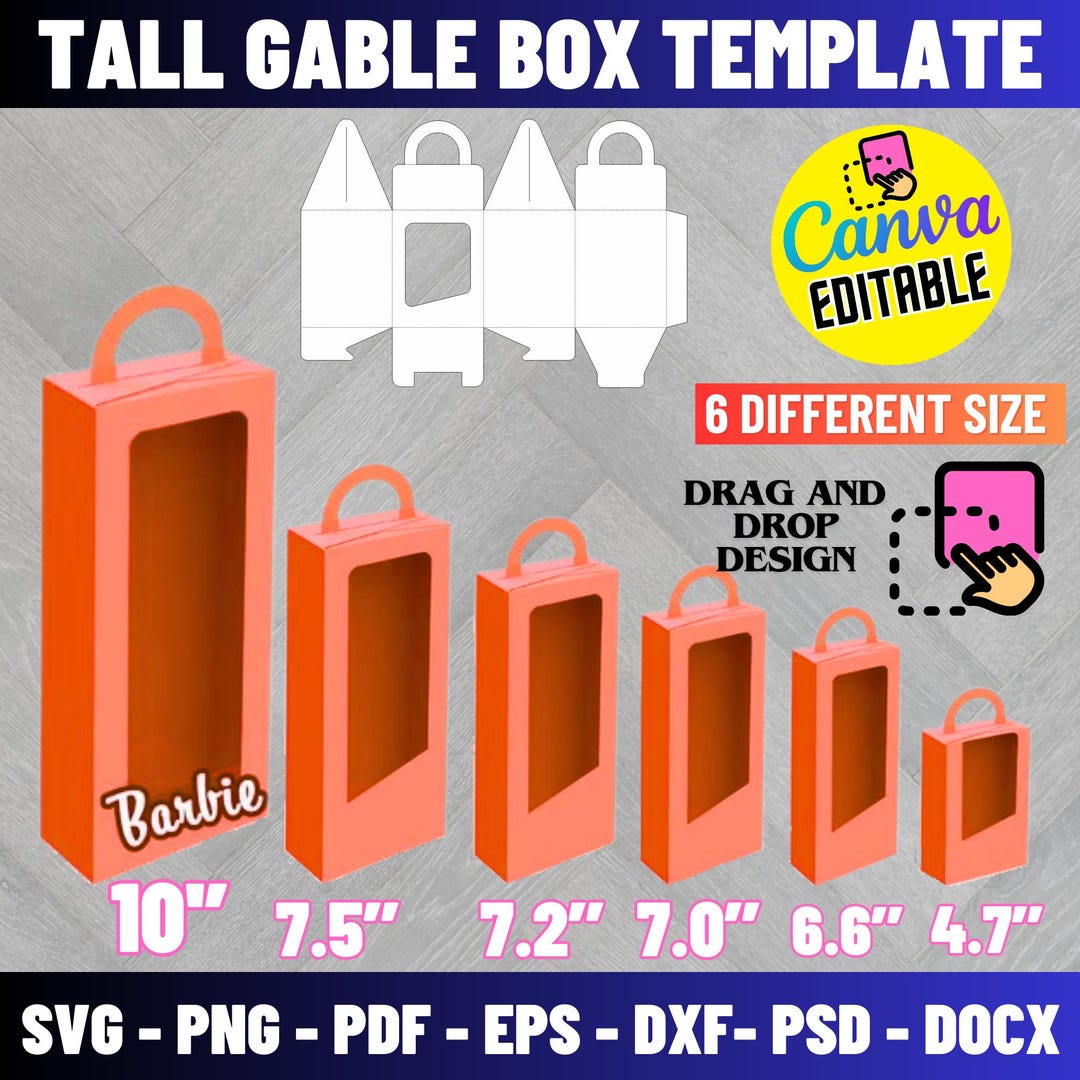 6 Size Tall Gable Box Template, Doll Box Template, Gift Box Template ...