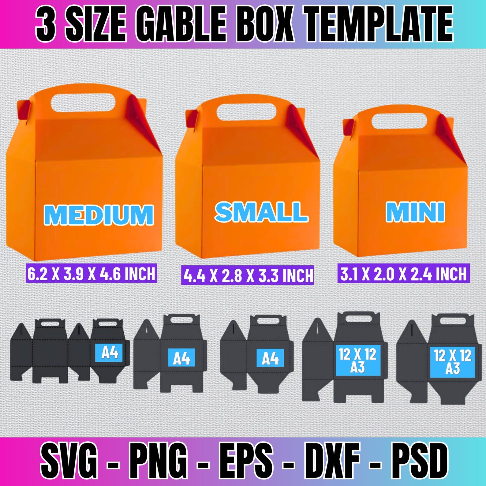 Gable Box Template Bundle, 3 Sizes (svg, Png, Eps, Dxf) (digital ...