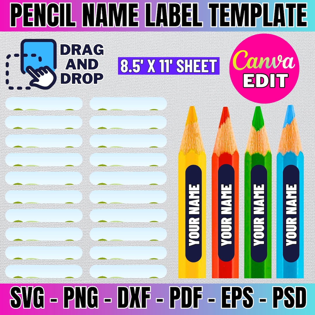 Pencil Name Label Template: School Supply Labels, Canva Edit (digital ...