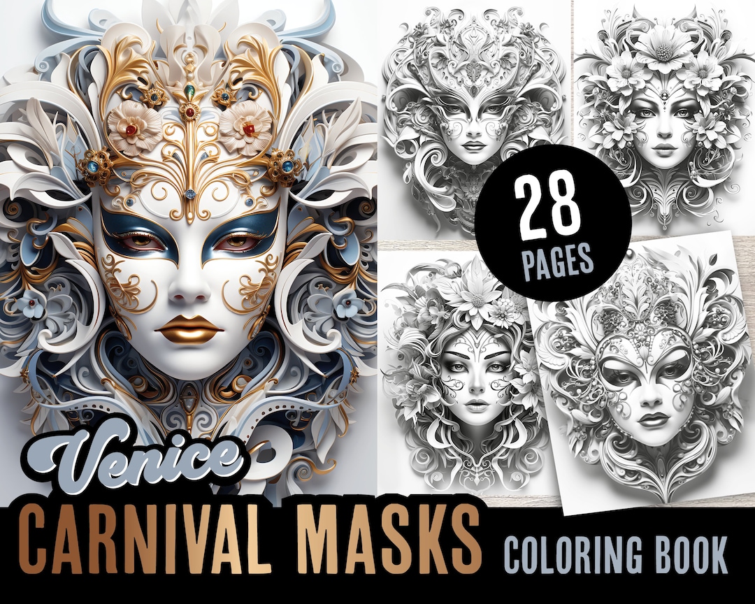 Venice Carnival Masks Grayscale Coloring Book, 28 Unique Detailed Pages ...