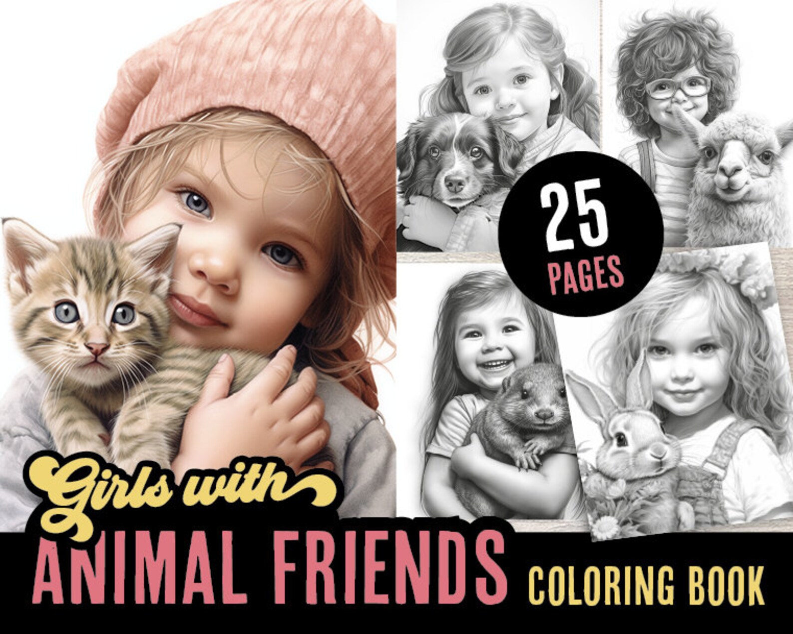 25 Girls With Animal Friends Coloring Book, Grayscale Coloring ...