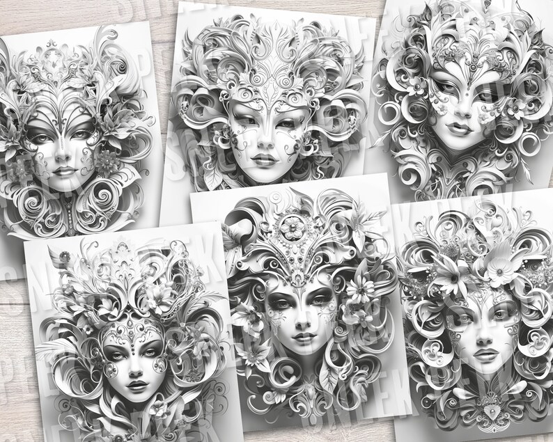 Venice Carnival Masks Grayscale Coloring Book, 28 Unique Detailed Pages ...