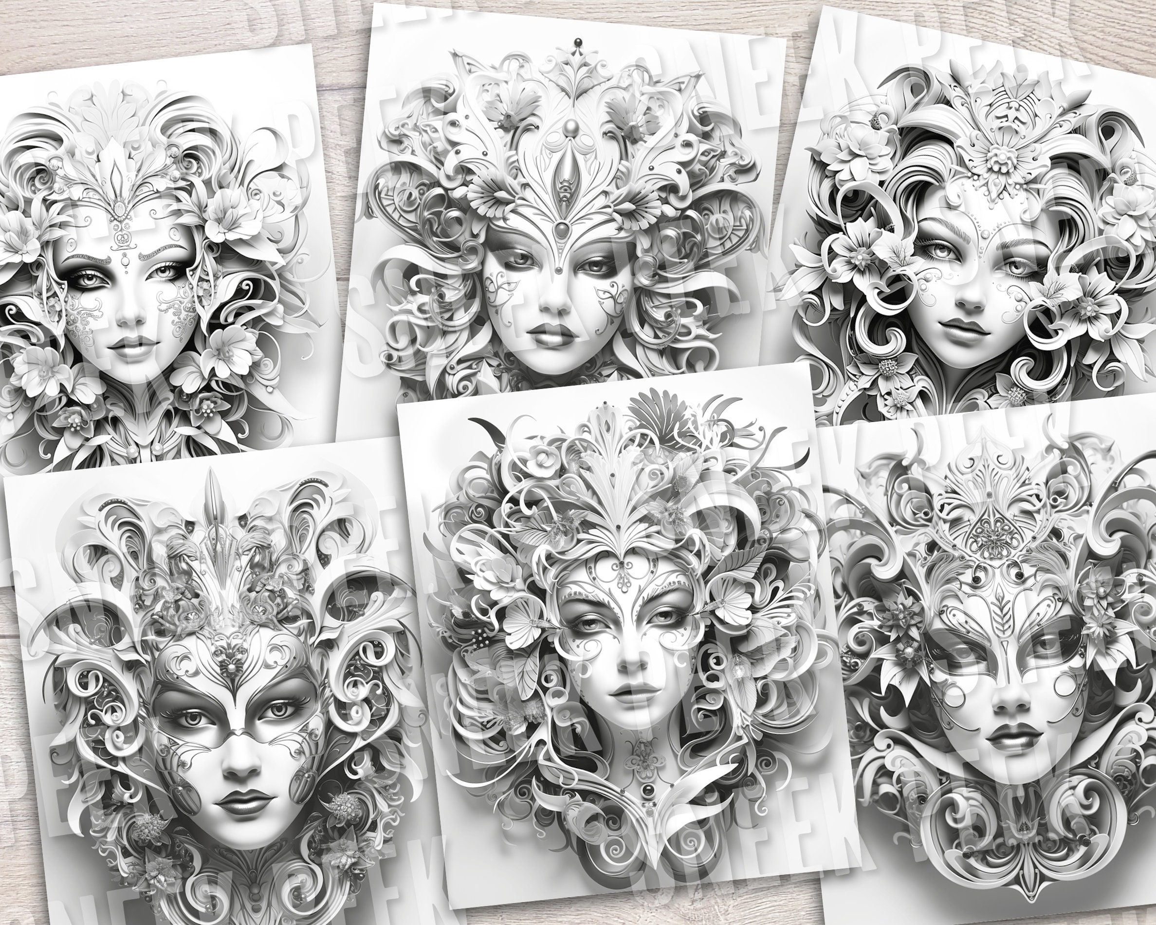 Venice Carnival Masks Grayscale Coloring Book, 28 Unique Detailed Pages ...