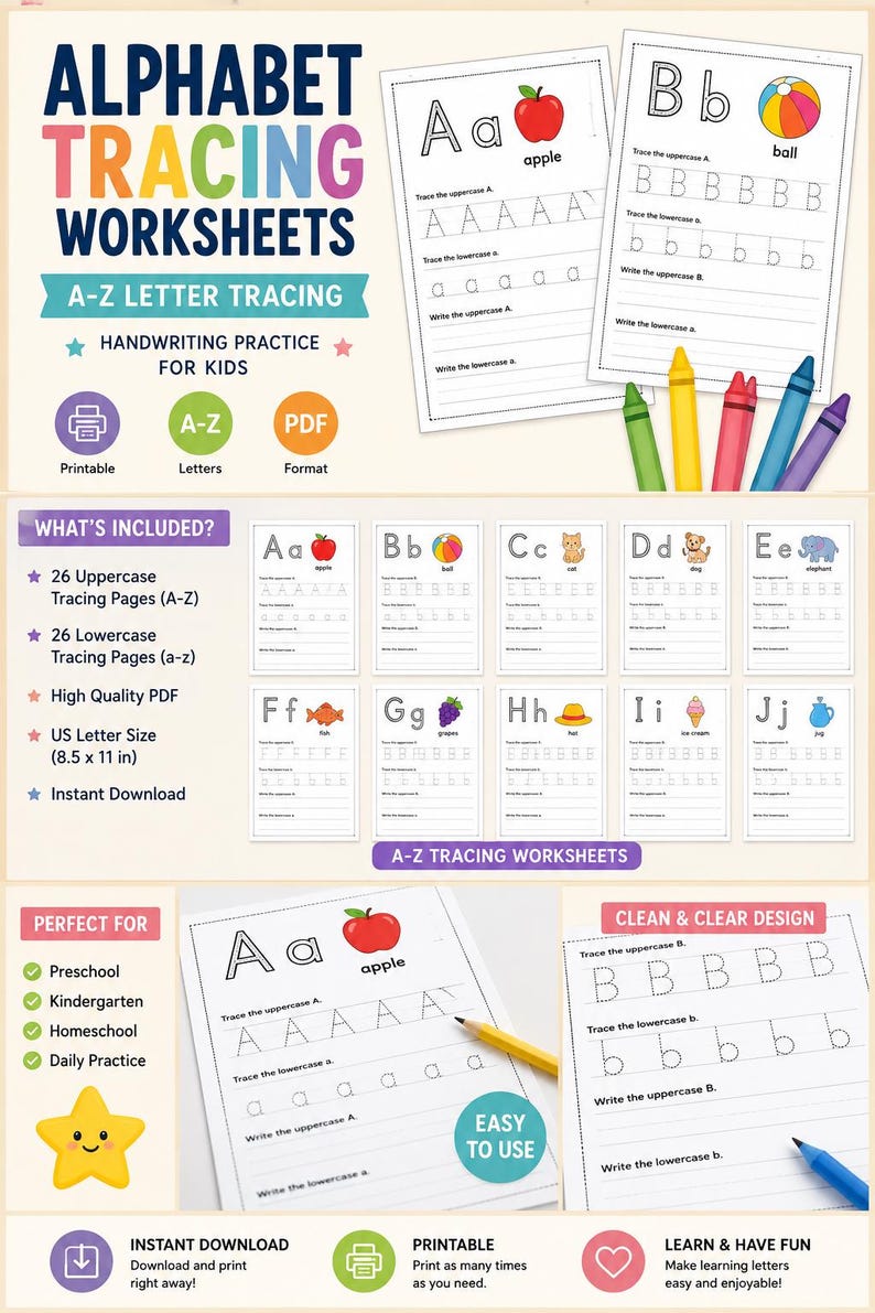 Alphabet Tracing Worksheets A-Z | Handwriting Practice for Kids (PDF ...