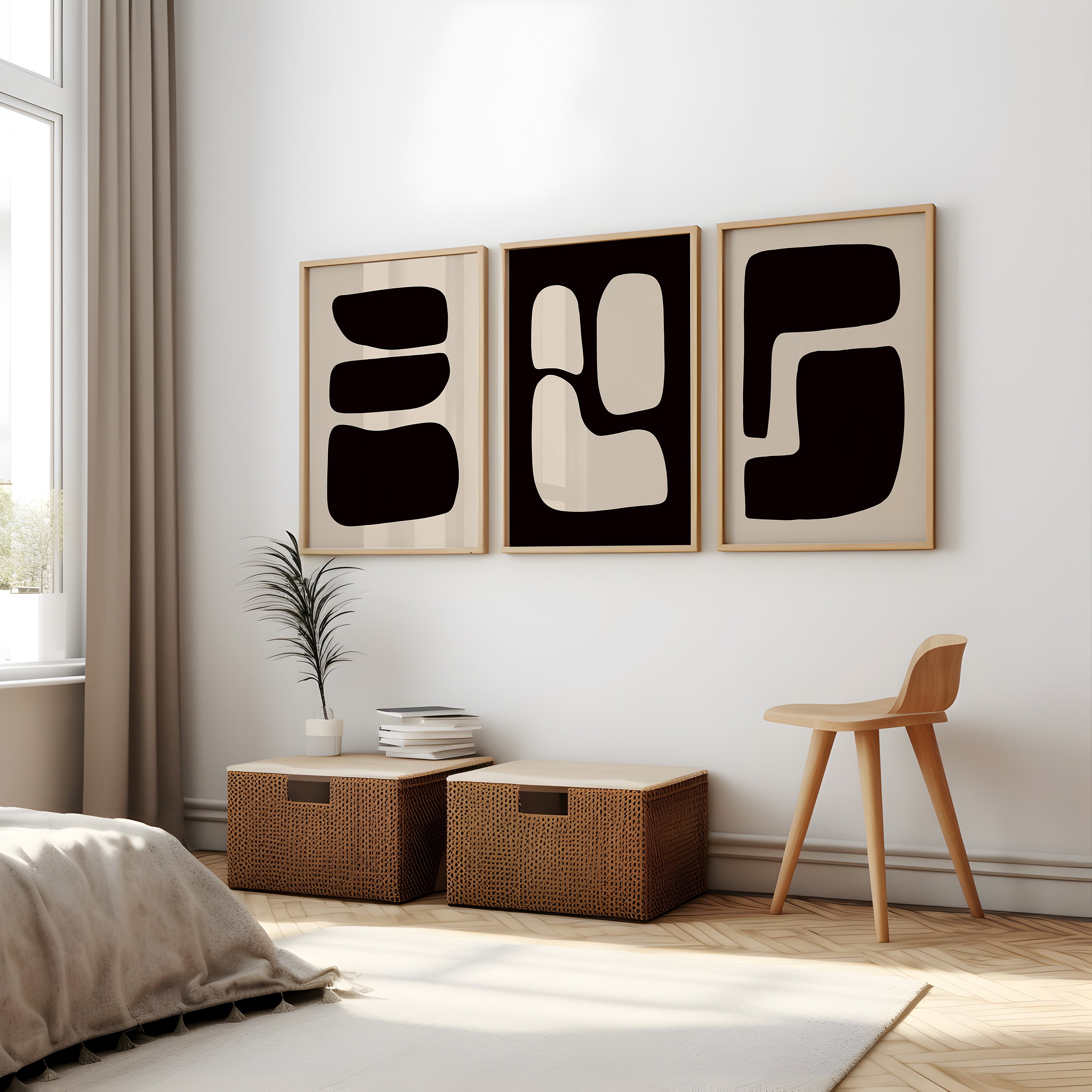 Black and Beige Abstract Shapes Art, Abstract Shape Wall Art ...
