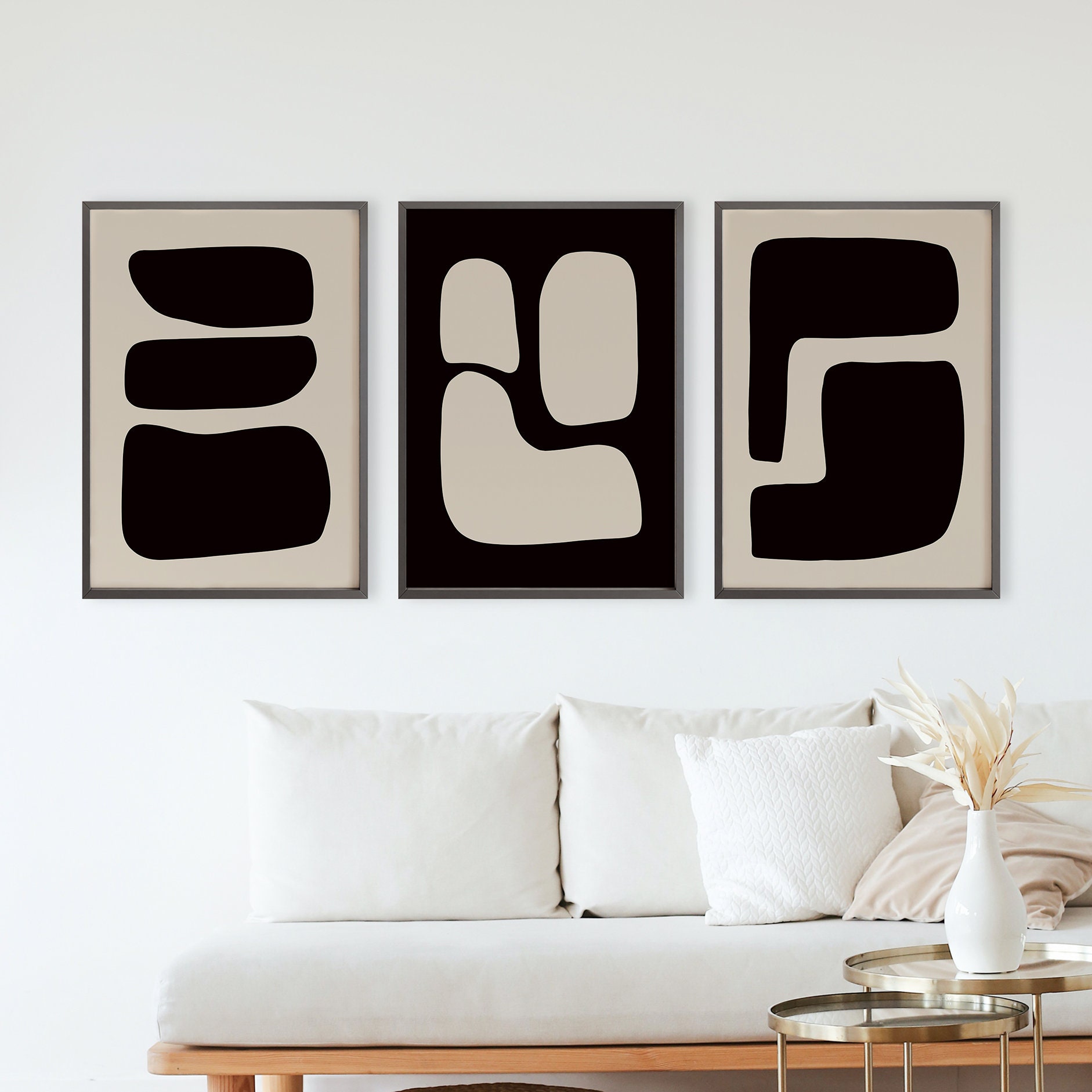 Black and Beige Abstract Shapes Art, Abstract Shape Wall Art ...