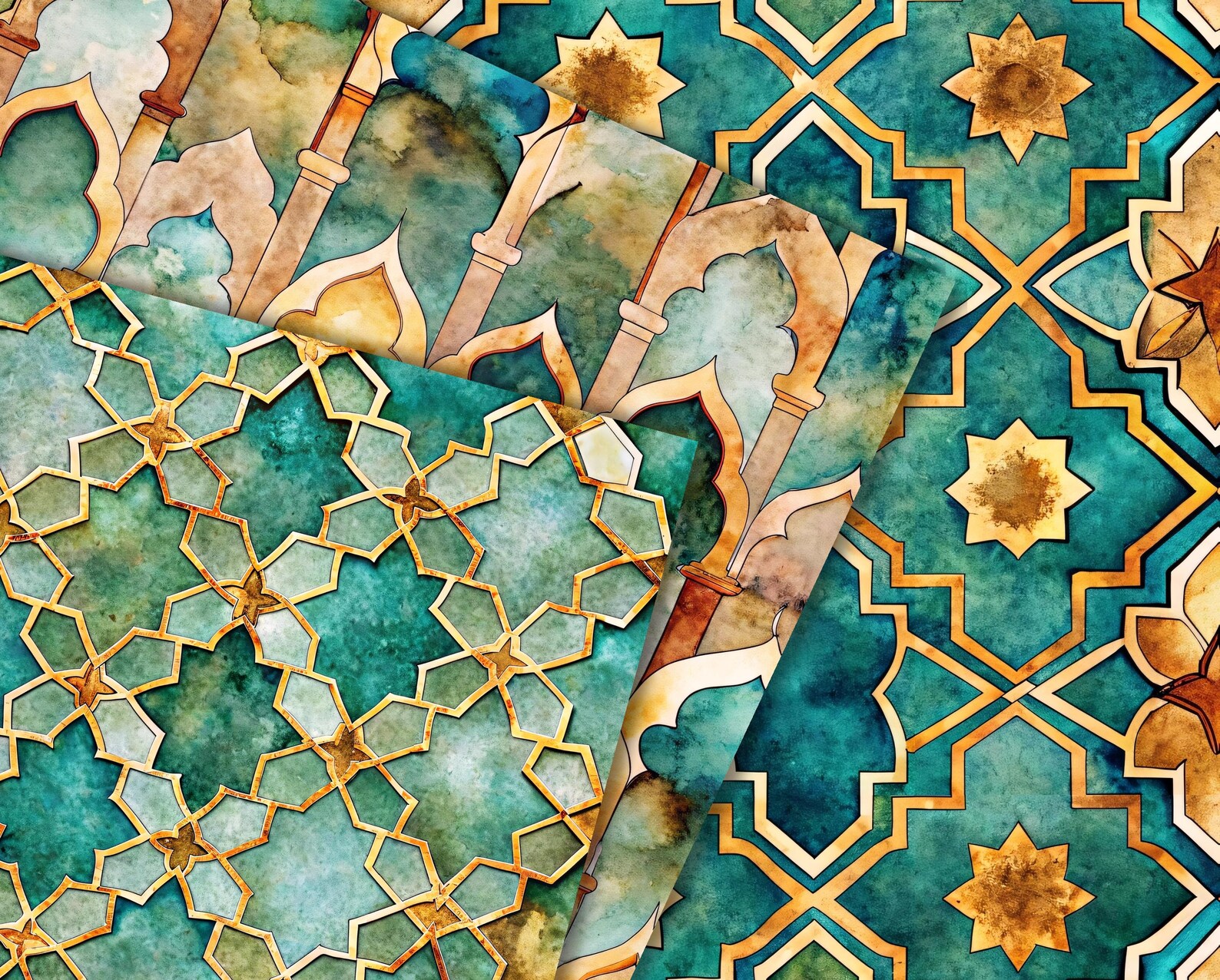 Teal & Gold Moroccan Tile Digital Paper: Seamless Watercolor Patterns ...
